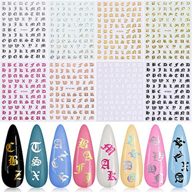 Holographic Letter Nail Art Sticker, KISSBUTY 8 Colors Letter Words Old ...