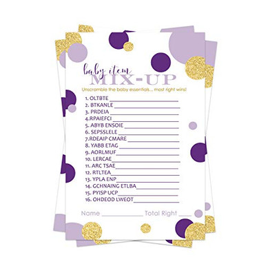 Purple and Gold Baby Shower Word Scramble Game Cards (25 Pack) Fun ...