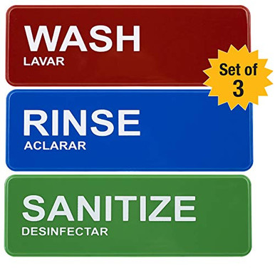 Wash, Rinse, Sanitize Signs 8.5"x2.75" (3 Signs) - Warehousesoverstock