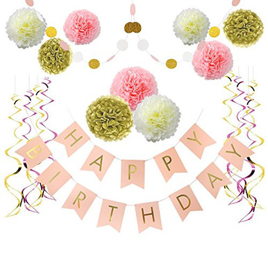 Litaus Pink and Gold Birthday Decorations, Pom Poms Flowers Kit, Happy ...