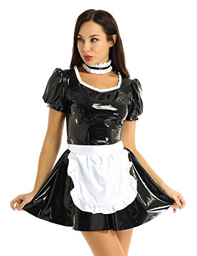 ACSUSS Womens Wet Look PVC Leather French Apron Maid Costume Outfits ...
