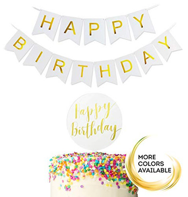 TECCA Happy Birthday Cake Topper and Happy Birthday Banner White ...