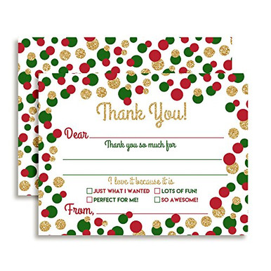 Christmas Polka Dots in Red Green and Gold Thank You Notes for Kids Ten ...