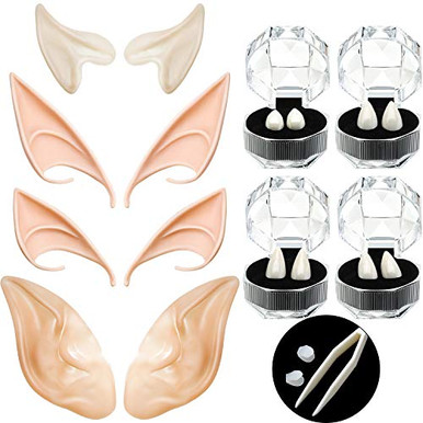 Gejoy 4 Pairs Latex Elf Ears Fairy Pixie Ears and 4 Pairs Vampire Teeth ...