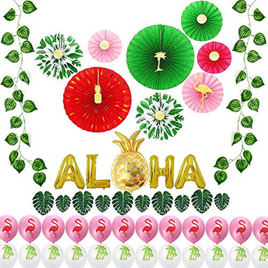 Hawaiian Aloha Party Decorations Flamingo Hanging Paper Fans Gold ...