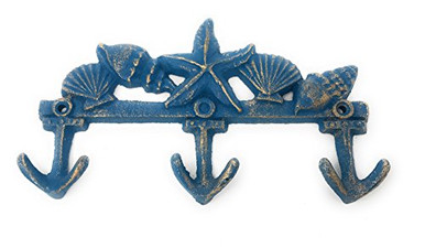 Nautical Sea Shells and Anchors Triple Wall Hook, Blue Cast Iron, 7 ...