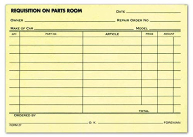 Requisition on Parts Room Form (1-Part, Canary Yellow) (Car Parts Order ...