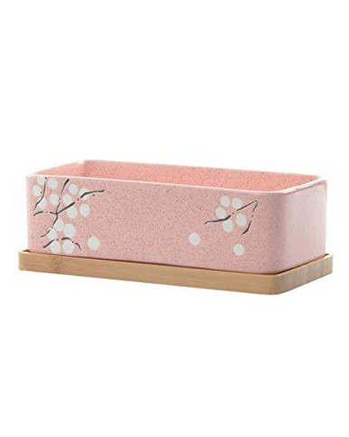 Ceramic Window Sill Planter Box Rectangle Flower Pot with Bamboo Tray ...