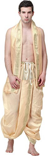 Exotic India Ready to Wear Dhoti and Angavastram Set with Woven Golden ...