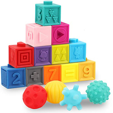 GILOBABY 16 PCS Baby Soft Blocks Sensory Balls Set Stacking Building ...