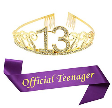 13th Birthday Kit Gold Tiara and Purple Sash Glitter Satin Sash and ...