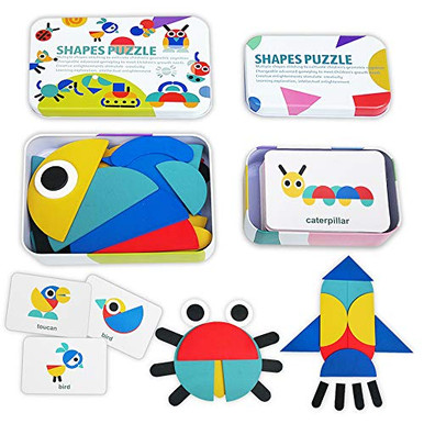 Wooden Pattern Blocks Tangram Shape Puzzle Set Animals Jigsaw Color ...