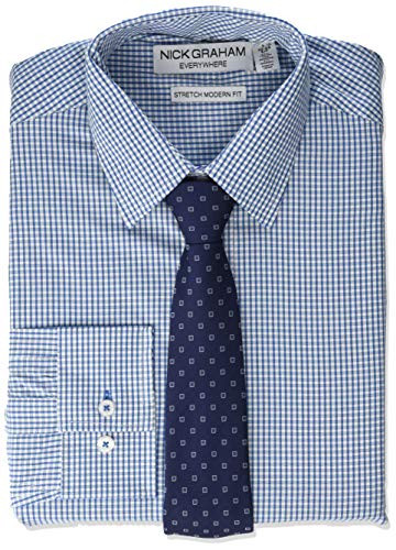 Nick Graham Mens Stretch Modern Fit Gingham Dress Shirt and Dot Tie Set ...