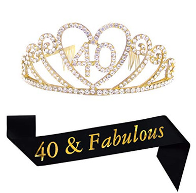 40th Gold Birthday Tiara and Black Sash Glitter Satin Sash and Crystal ...