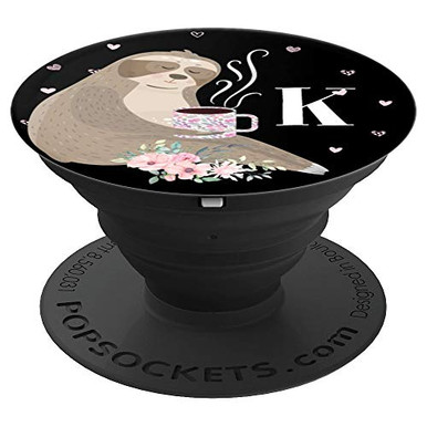 Cute Sloth and Coffee Cup Lover Black with Letter K PopSockets Grip and ...