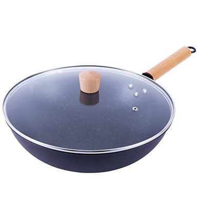 Wok With Glass Lid/Nonstick Frying Pan-Wooden Handle. Ultra-light ...