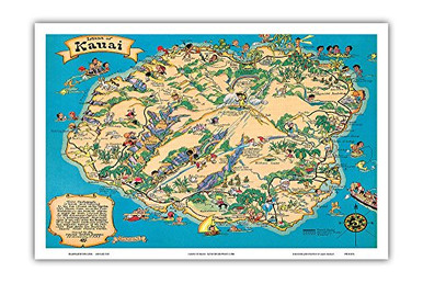 Hawaiian Island of Kauai Map - Hawaii Tourist Bureau - Vintage Hawaiian ...