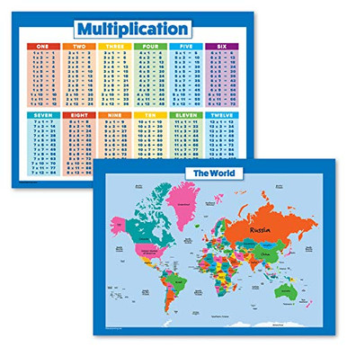 2 Pack Multiplication Tables World Map for Kids Poster Set LAMINATED 18 ...