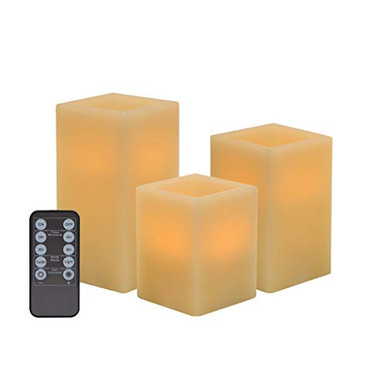 Set of 3 Real Wax Flameless LED Square Candle with Remote Square Ivory ...