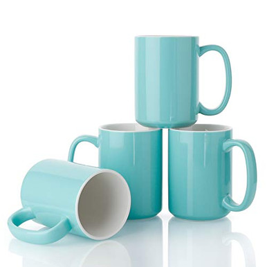 Porcelain Turquoise Coffee Mugs Set of 4 15 Ounce Cups with Large ...