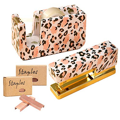 Leopard Tape Dispenser and Stapler Set with 2 Pack Rose Gold Staples ...