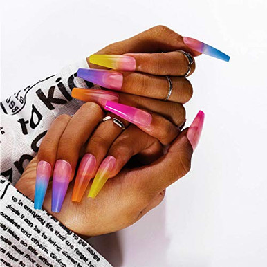 Boaccy Extra Long Fake Nails Ombre Press on Nails Rainbow Full Cover ...