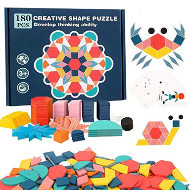 Wooden Pattern Blocks 180 Pcs Geometric Tangram Shape Puzzles ...