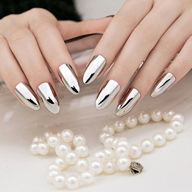 ArtPlus 24pcs x 2 2-Pack Silver Metallic Chrome False Nails with Glue ...