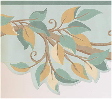 Wall Border - Brown Beige Teal Leaves on Tree Branch Scalloped Teal ...