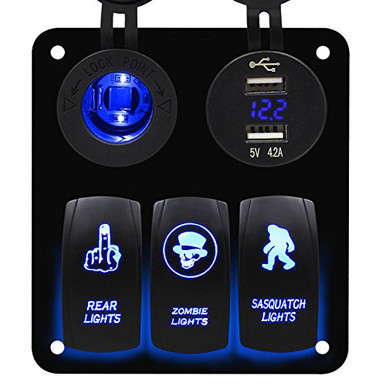 3 Gang Blue Rocker Switch Panel with Dual USB and Power Charger Socket ...