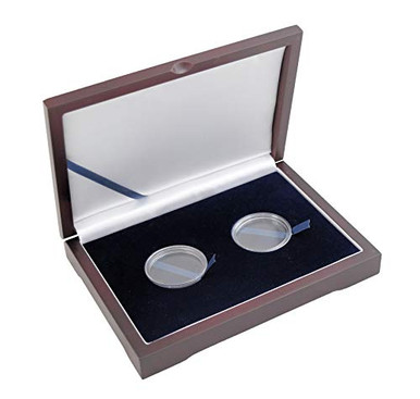 2 Challenge Coin-Large Capsule Box Mahogany Finish with 2 Large Dollar ...