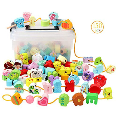 Wooden String Lacing Beads Montessori Toddler Preschool Toys 150 Pcs ...