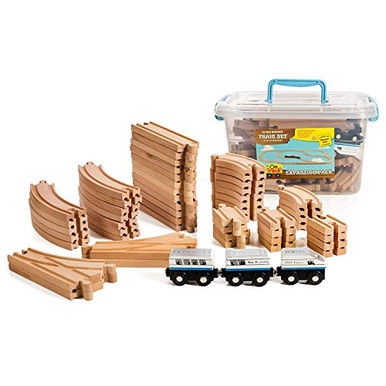 55 Piece Wooden Expansion Pack Train Set With Train Cars, Comes In A ...