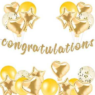 Congratulations Banner Set with Balloons Gold Letters and Gold Symbol ...