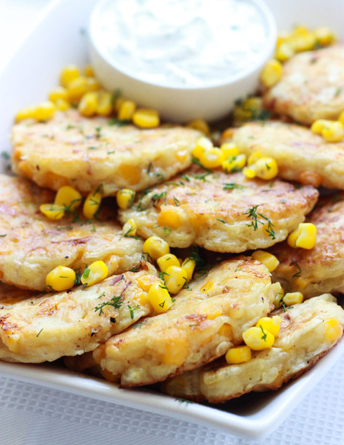CORN AND BACON FRITTERS WITH GARLIC DILL CREMA - (Free Recipe below)