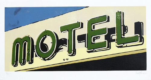 Motel (Olive) Contemporary Art Print Linocut Dave Lefner