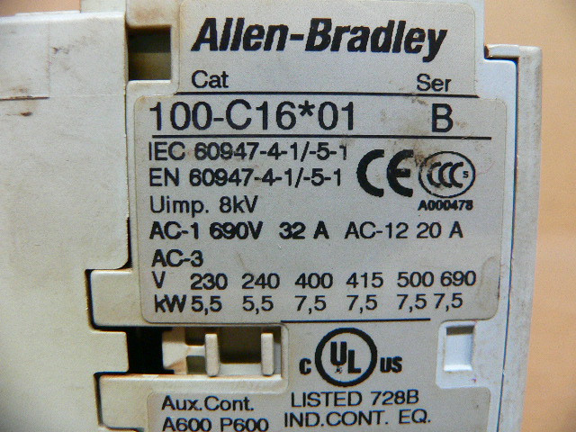Allen Bradley 100-C16d01 Contactor Screw Terminals 7.5Kw/400V 110V Coil ...