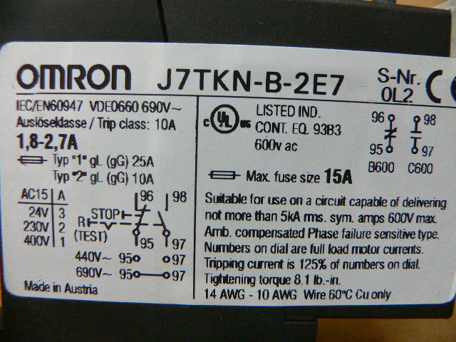 Omron J7tkn-B-2E7 Overload Relay - Fen Industrial