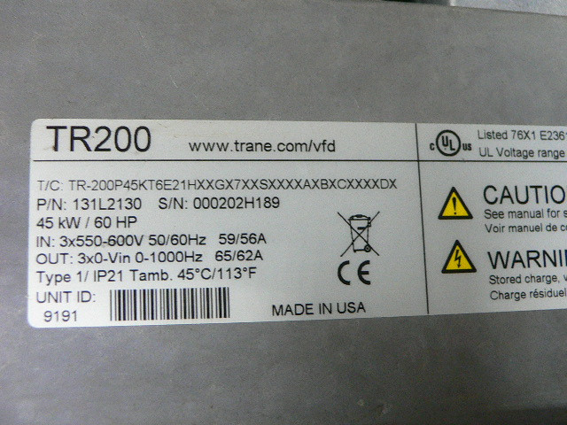 Trane Tr200 131L2130 45Kw 60Hp Ac Dive 600V 60Hz W/ Disconnect Assembly ...