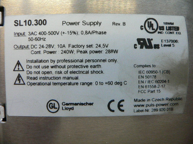 Puls Power Supply Sl 10, Sl10.300, 24-28V, In 3Ac 400-500V, Dc 24V/10A ...