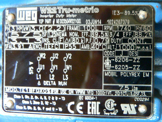 Weg 02036Et3e256tc-W22 Te1bfoxo Me003504w221001 Motor 230/460V 3.6-7.2A ...