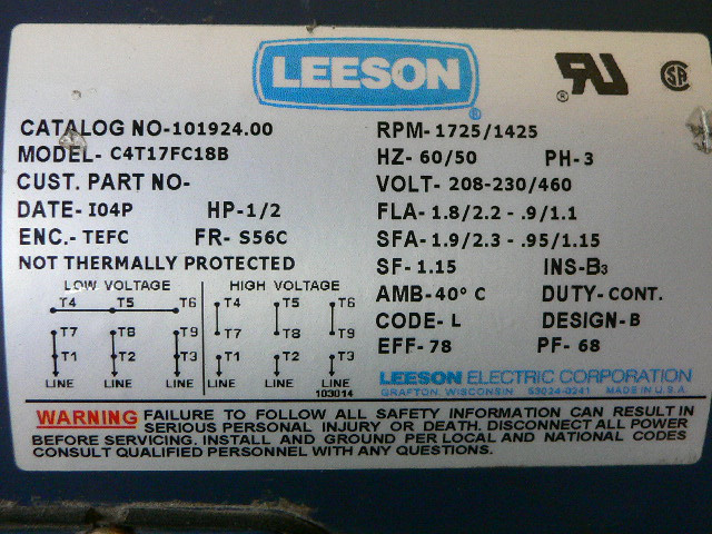 Leeson C4t17fc18b 101924.00 Motor .5Hp 1725Rpm 230/460Vac 3Phase S56c ...