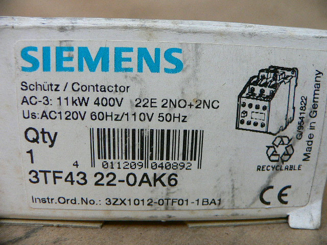 Siemens 3Tf43 22-0Ak6 Contactor 22Amp 3Pole Ac Operation 110/120Vac 50 ...