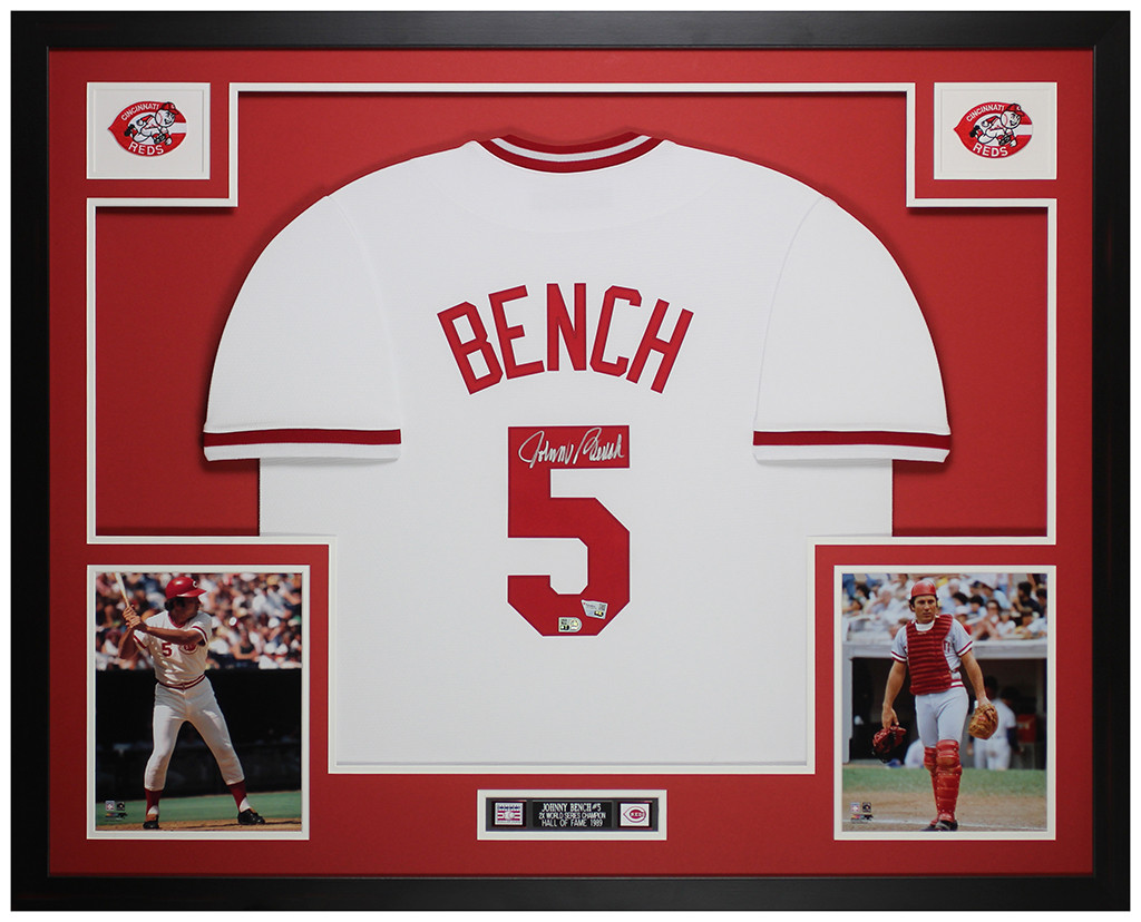 Johnny Bench Autographed and Framed Cincinnati Reds Jersey