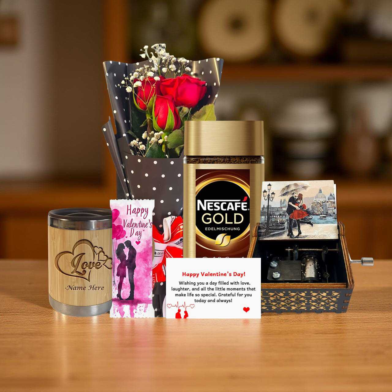 Romantic Valentine’s Gift Set With Mug, Roses, Coffee & Custom Chocolate