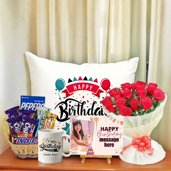 Birthday Combo Gift with Cushion, Rose Bouquet , Photo Canvas, & Mug ...