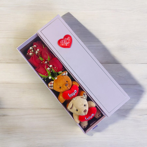 Two Small Teddies with 6 Fresh Roses – Elegant Gift Box Set Valentine's ...