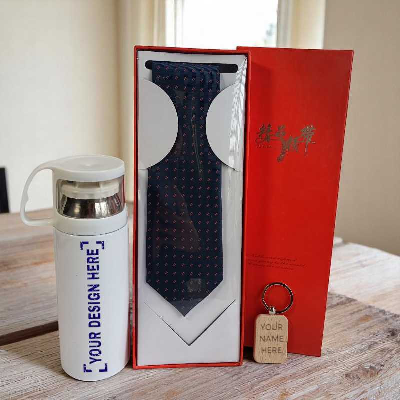 Personalized Gift Set for Him – Smart Bottle, Tie & Wooden Keyring