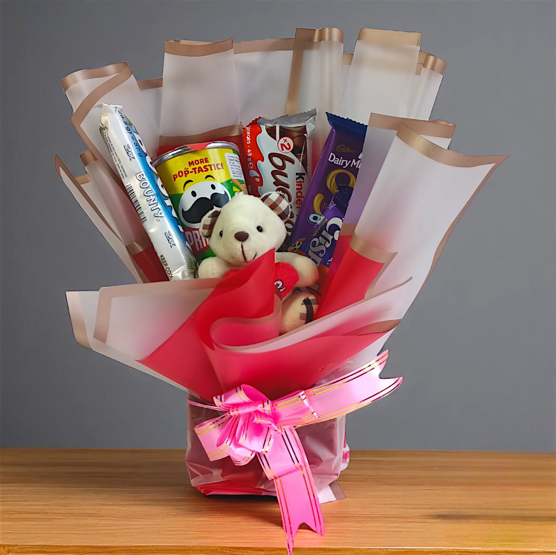 Teddy Keyring with Pringles & Chocolate Bouquet Gift to Nepal | Giftmandu