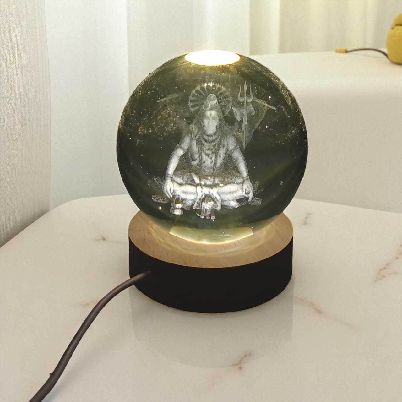 3D Crystal Ball Lamp – 3" Lord Shiva with Wooden Base